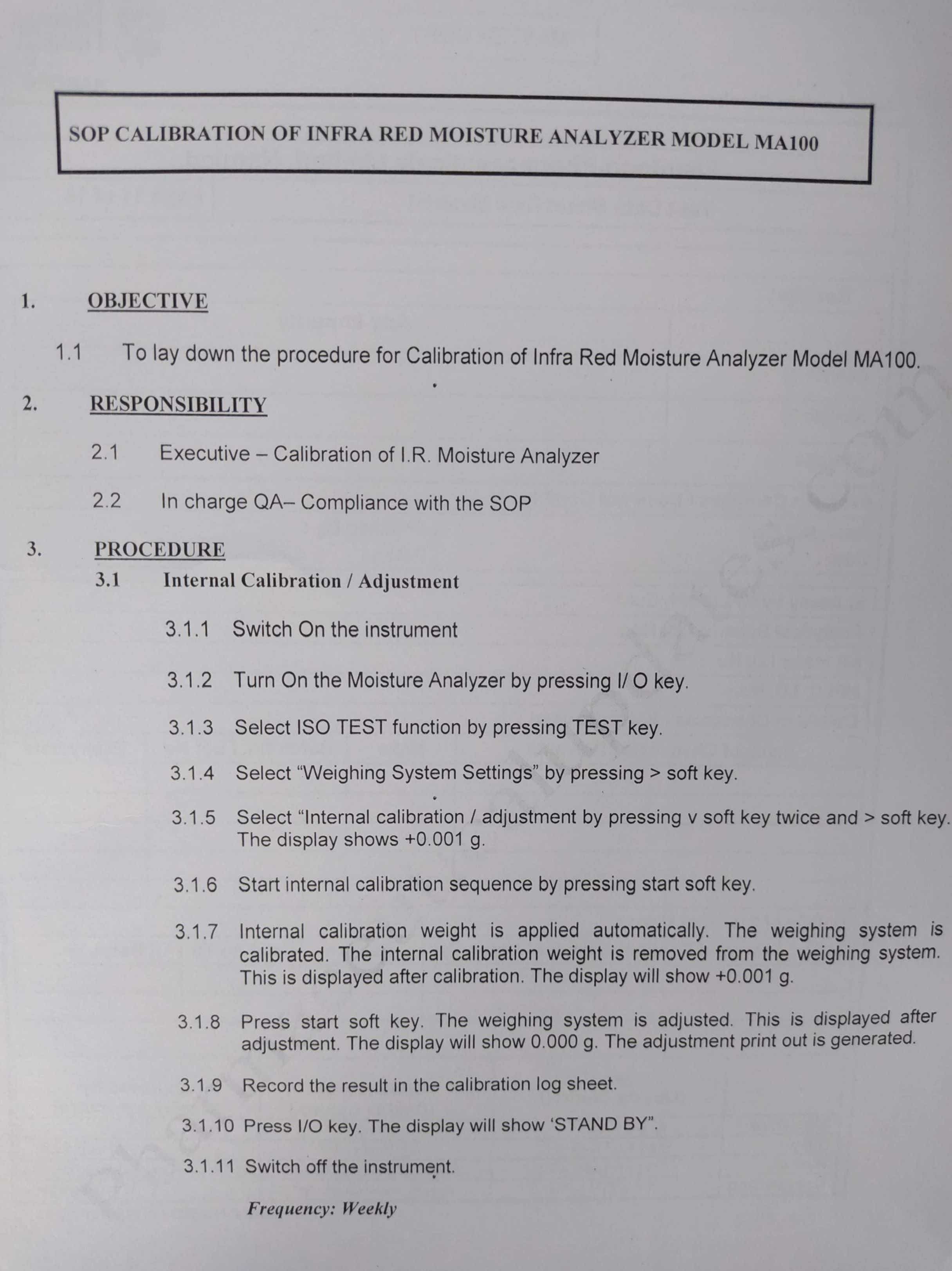 Calibration of Infra Red Moisture Analyzer Model MA100 – Pharmaceutical ...