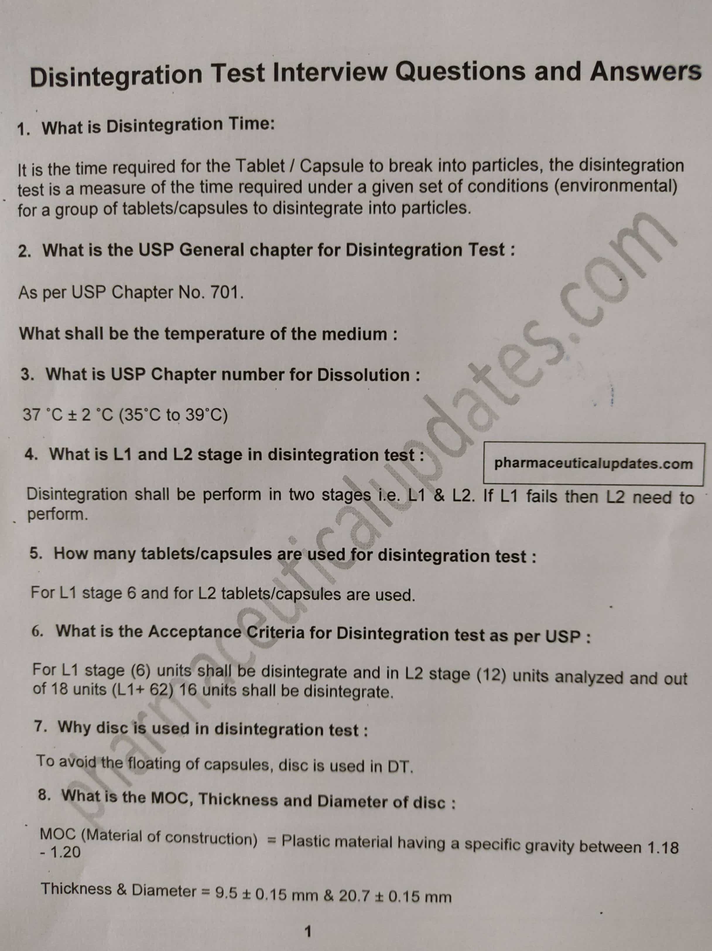 Disintegration Test Apparatus Questions and Answers – Pharmaceutical ...