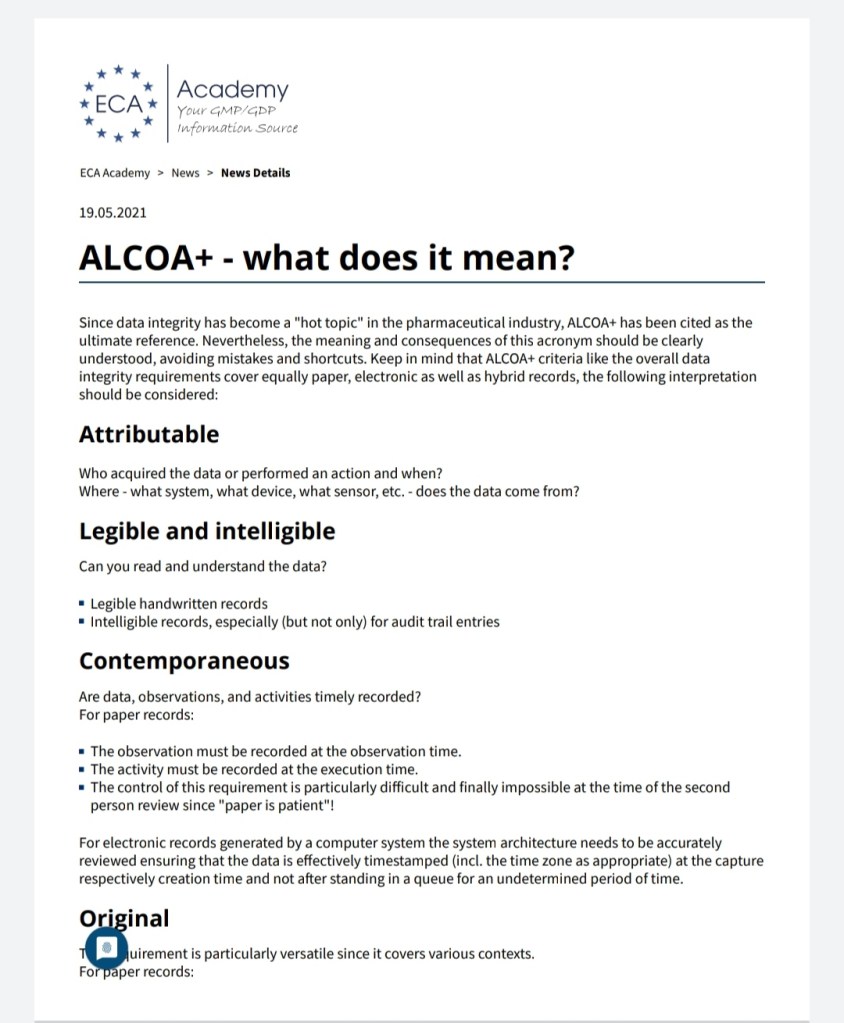 ALCOA and ALCOA Plus Data Integrity – Pharmaceutical Updates